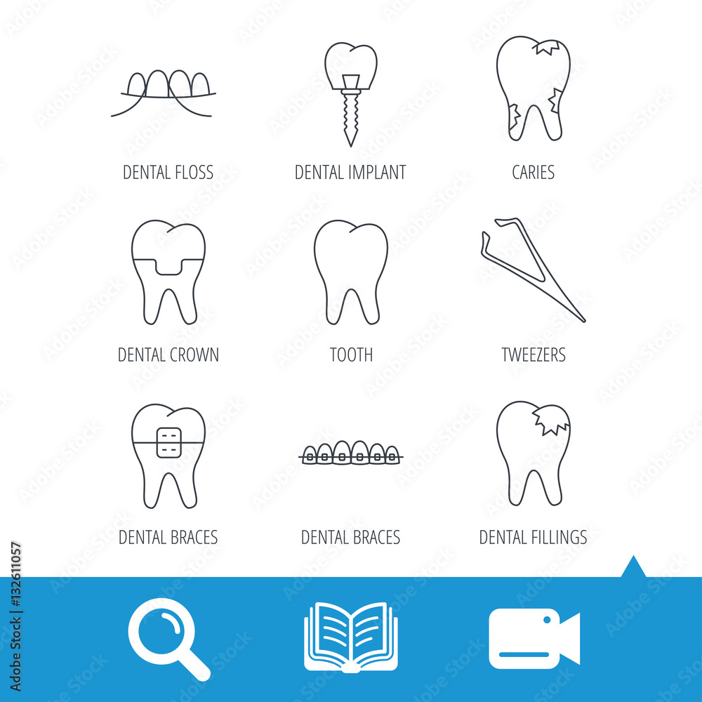 Dental implant, floss and tooth icons. Braces, fillings and tweezers ...
