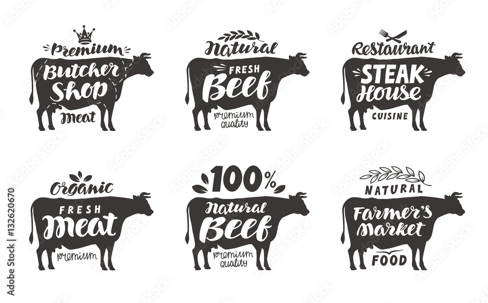 Cow. Vector set food labels, badges and icons. Lettering butcher shop ...