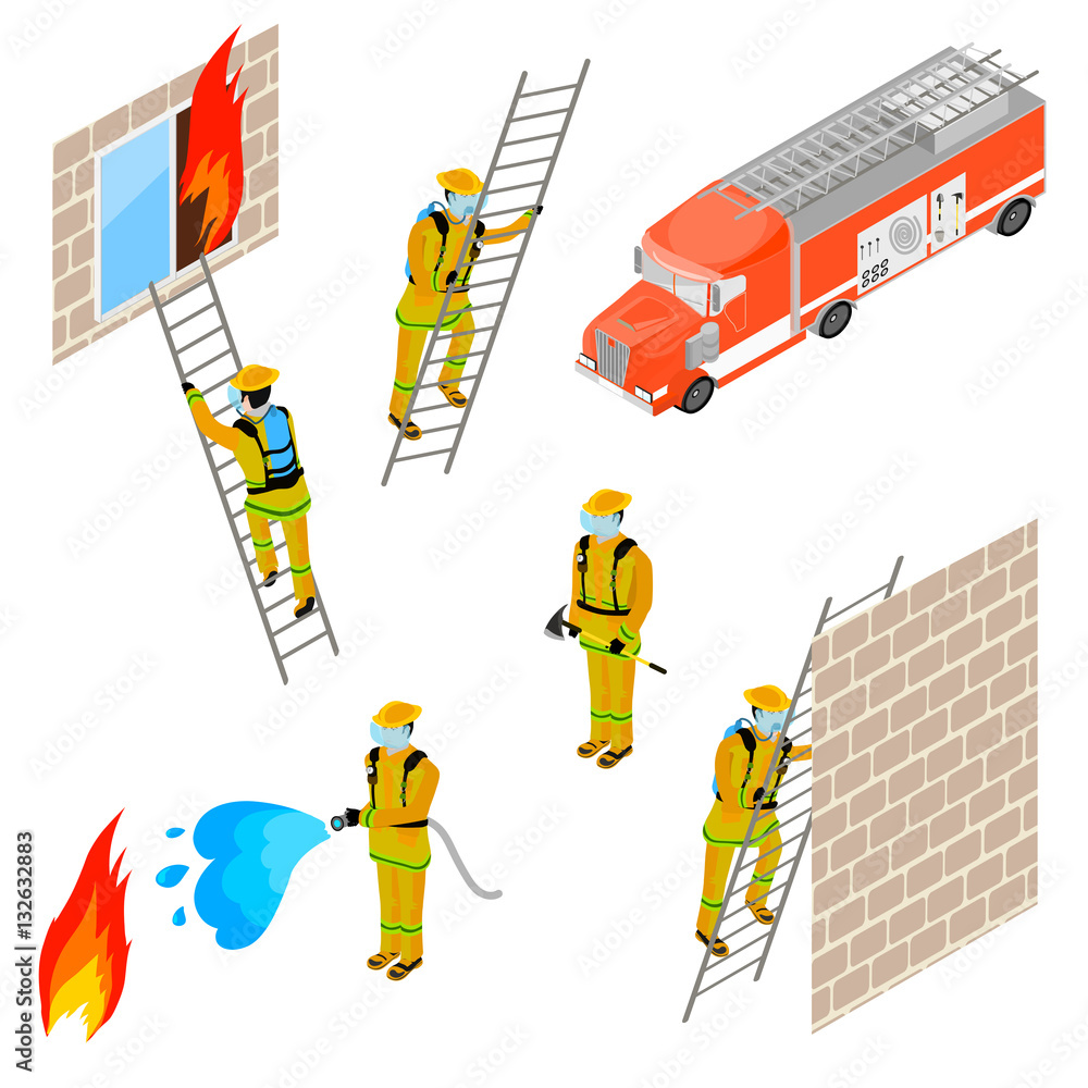 Set firefighters in isometric view isolated on a white background. A ...