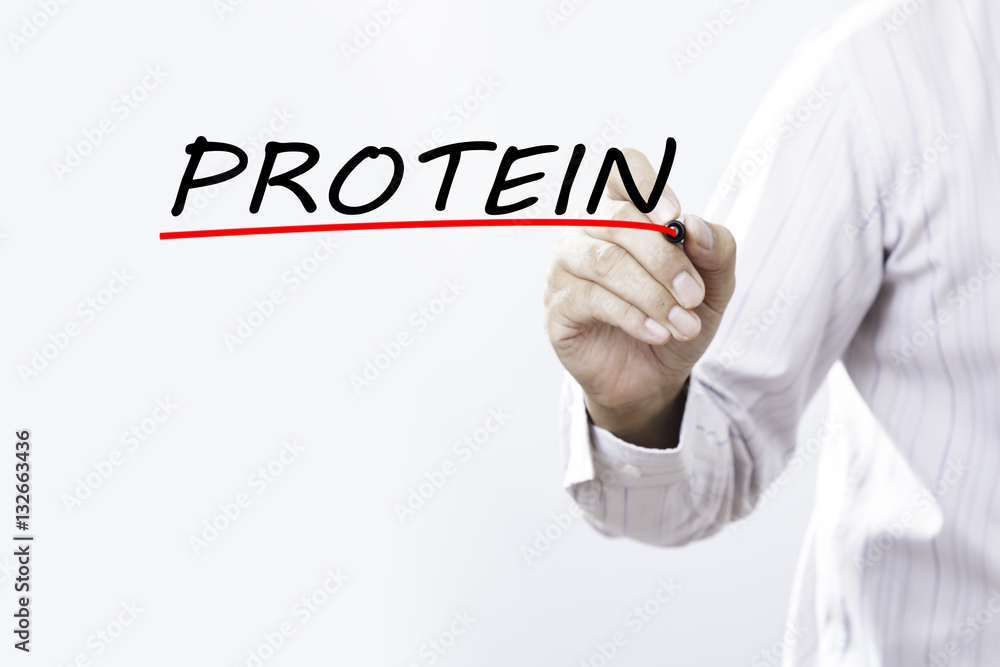 Businessman hand writing PROTEIN with red marker on transparent w Stock ...