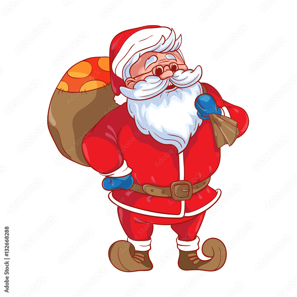 Funny cartoon Santa Claus with sack of presents on his back. Colored ...