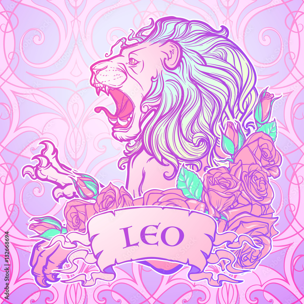 Zodiac sign of Leo with a decorative frame of roses. Astrology concept ...