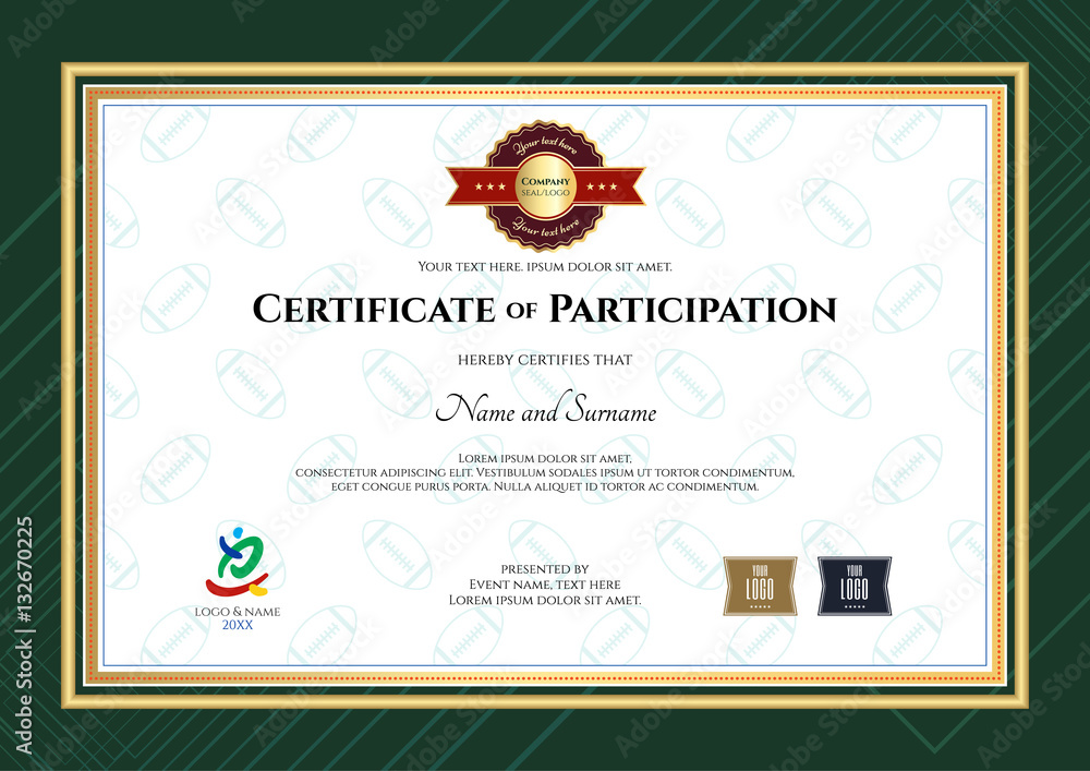 Certificate of participation template in sport theme with rugby ...