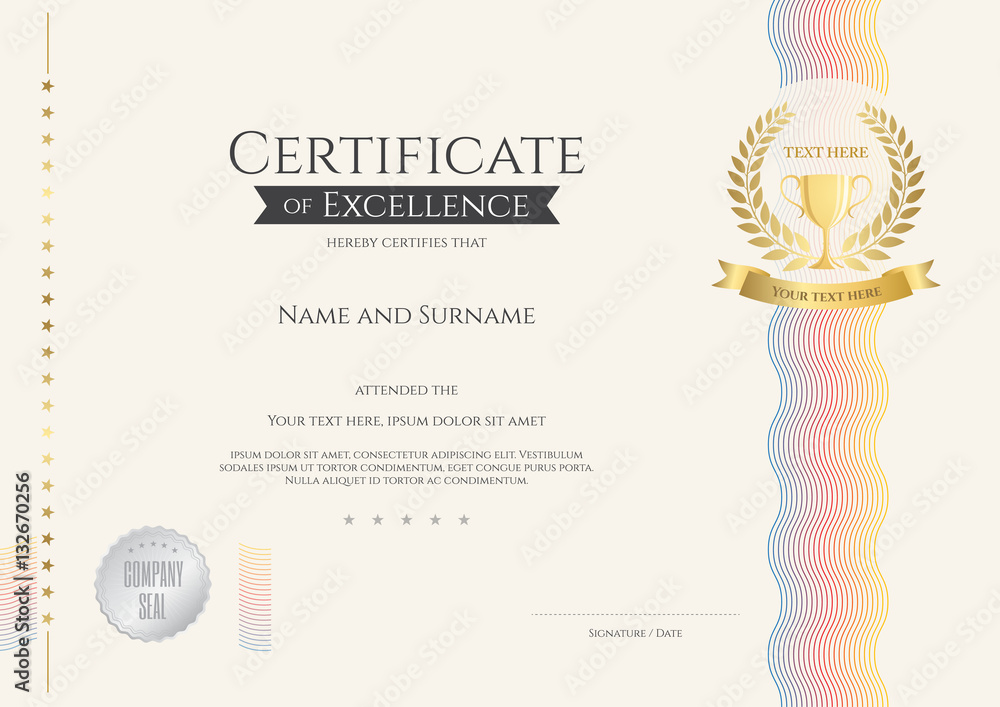 Certificate of excellence template with colorful wave and gold trophy ...