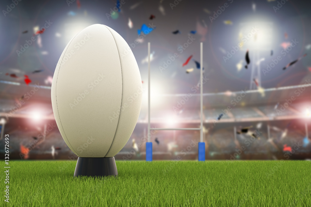 rugby ball with rugby posts on field Stock Photo | Adobe Stock