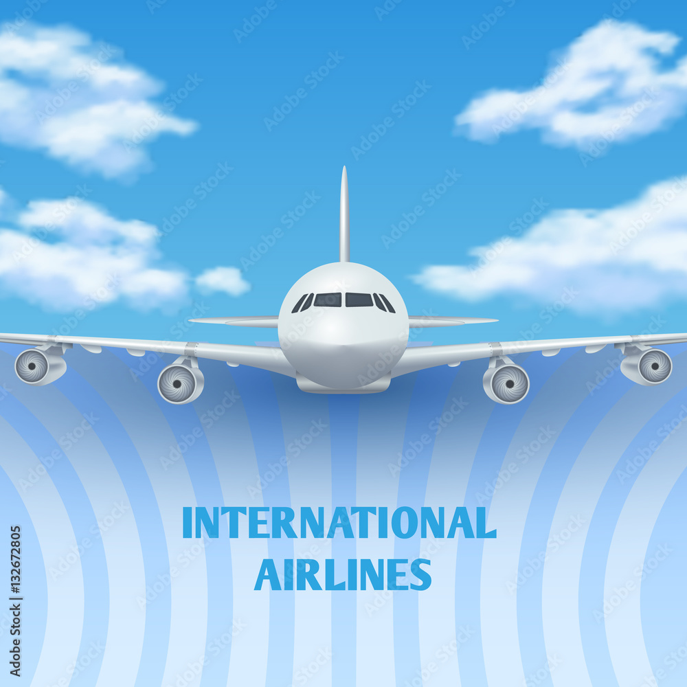Realistic plane, aircraft, airplane in sky with white clouds vector ...