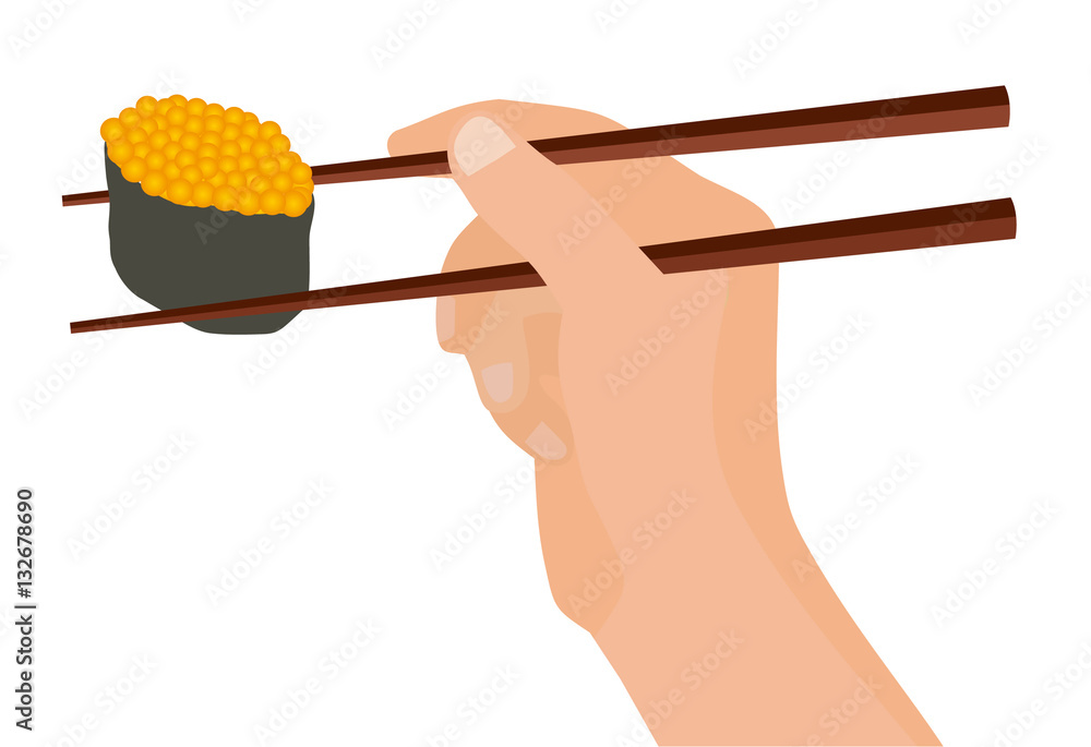 Hand on white background holding the salmon roe in seaweed with ...