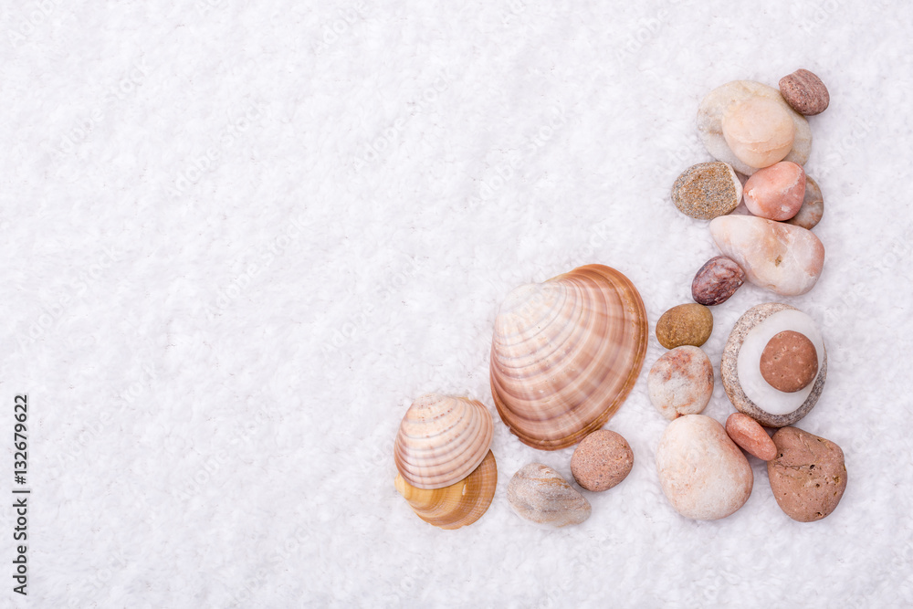 Border and frame. Spa border of natural stones and shell, on white ...