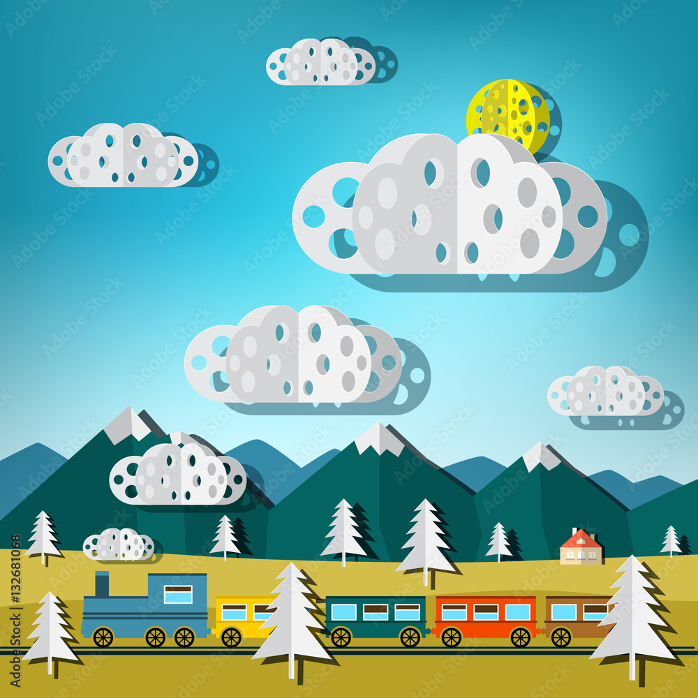 Train on Landscape. Vector Flat Design Paper Cut Nature Scene. Stock ...