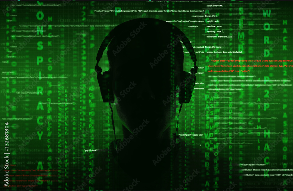 hacker at work with graphic user interface around Stock Photo | Adobe Stock