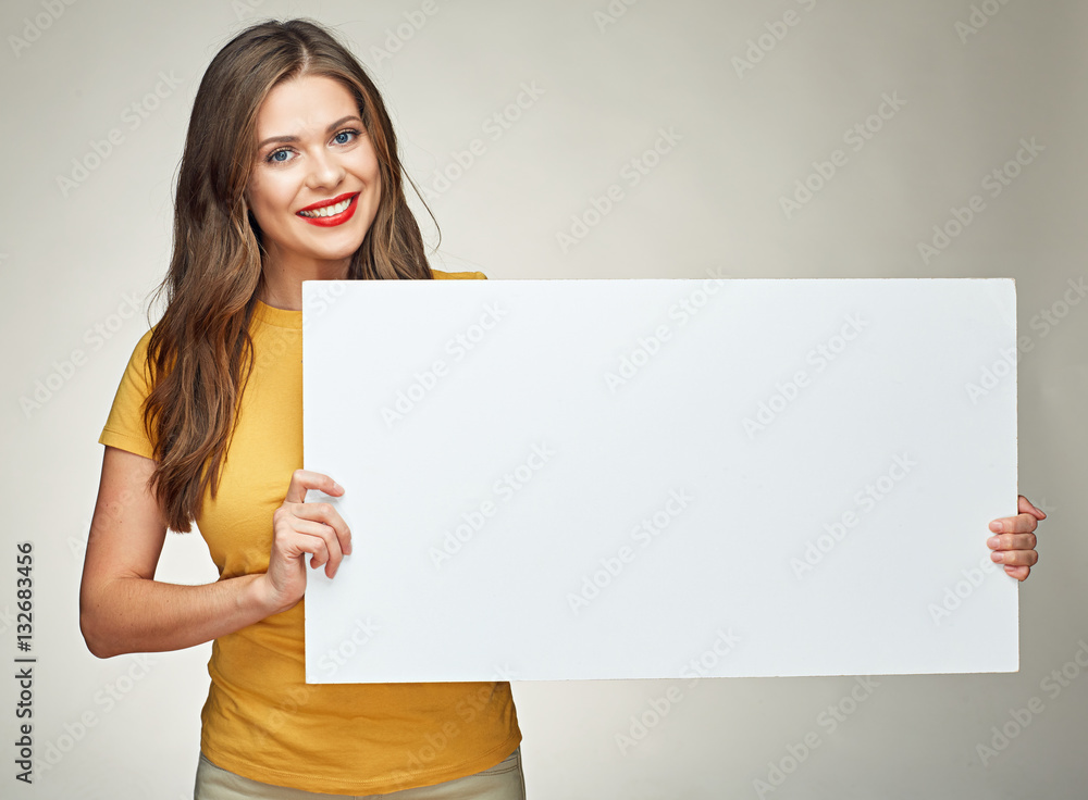 Young Woman Holding Sign Business Board Foto De Stock Adobe Stock