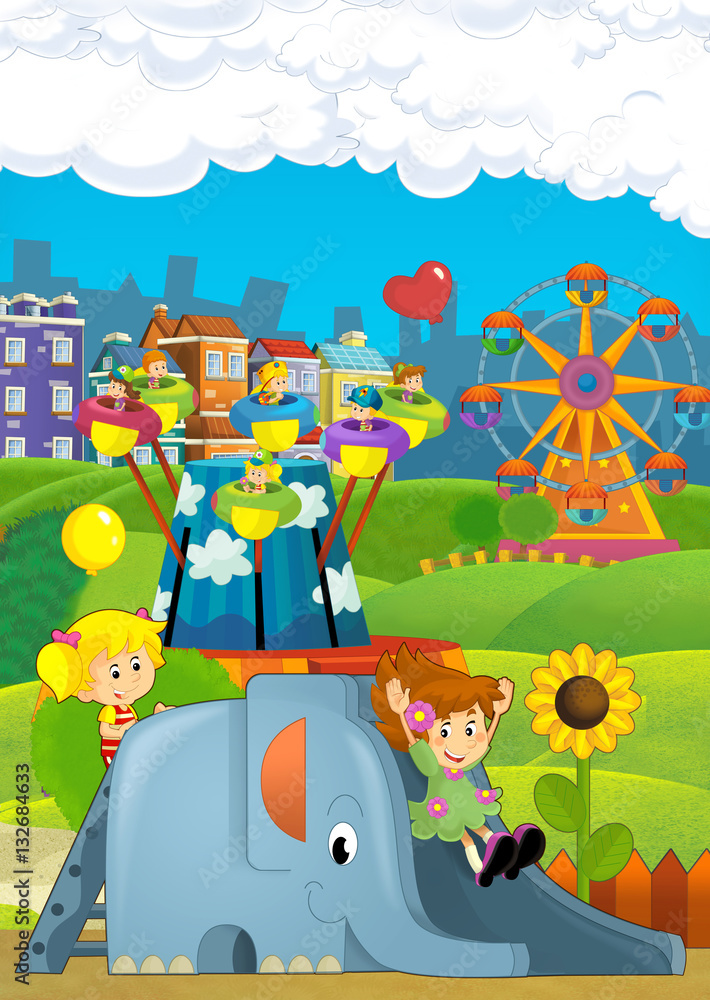 Cartoon scene with kids playing in the funfair - illustration for ...