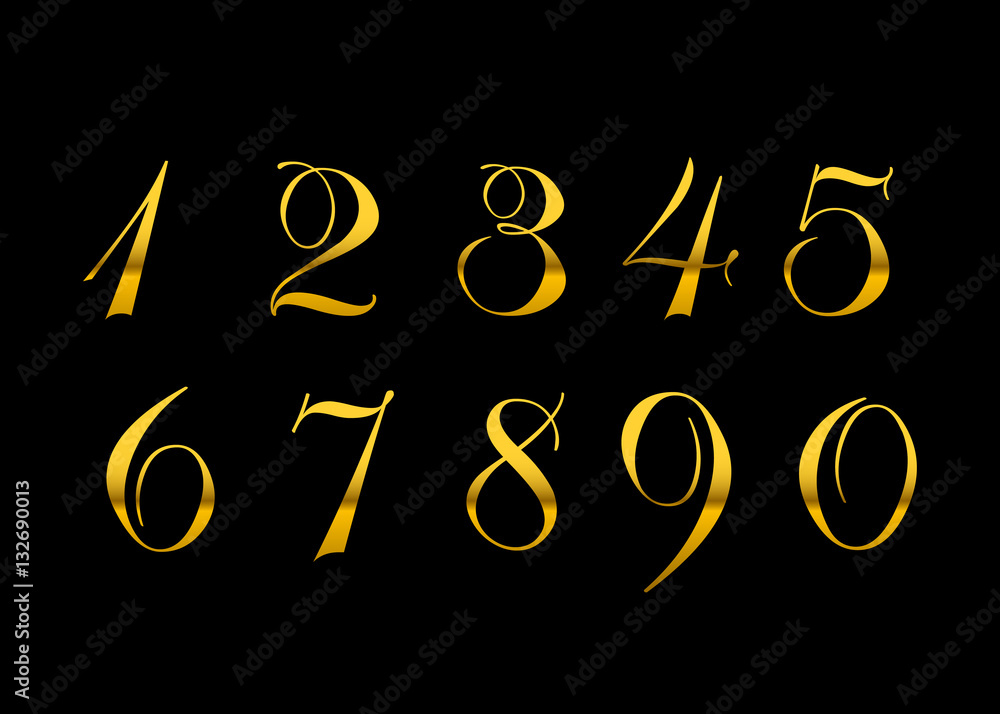 Gold numbers set. Golden metallic font, isolated on black background ...