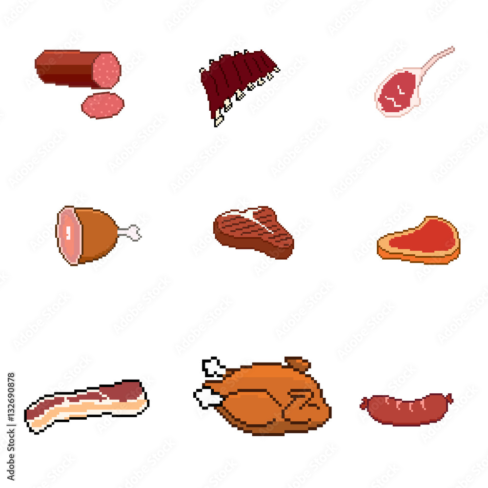 Vector pixel art meat collection Stock Vector | Adobe Stock