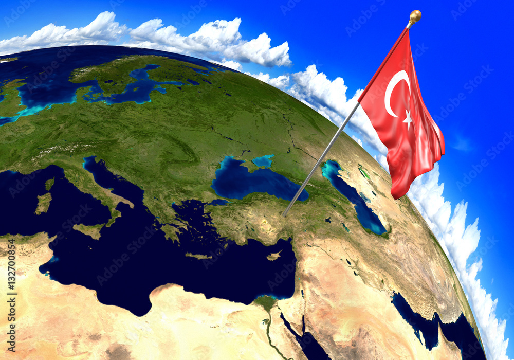 Turkey national flag marking the country location on world map. 3D ...