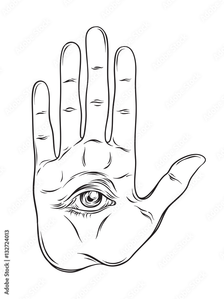 Spiritual hand with the allseeing eye on the palm. Occult design ...