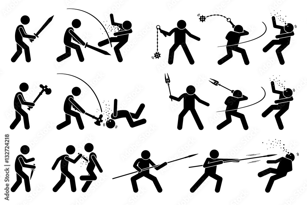 Man using medieval war weapons to attack. The ancient traditional ...