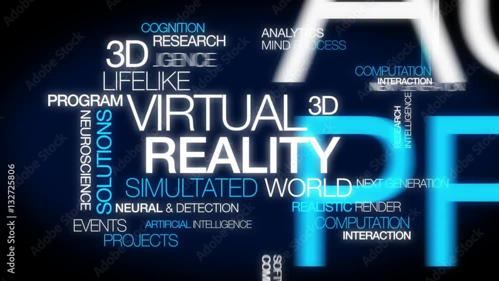 Virtual reality (VR) 3D simulated world text words tag cloud immersive ...