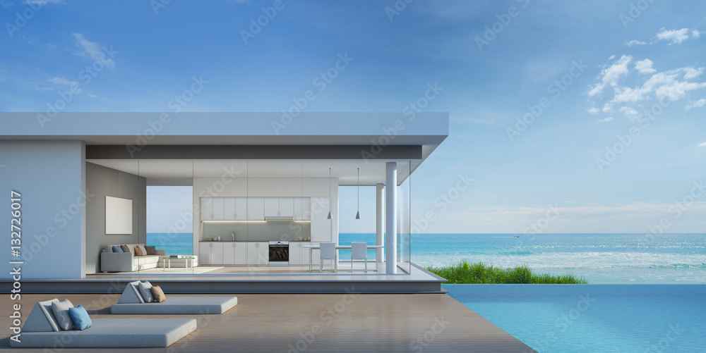 Luxury beach house with sea view pool in modern design - 3d rendering ...