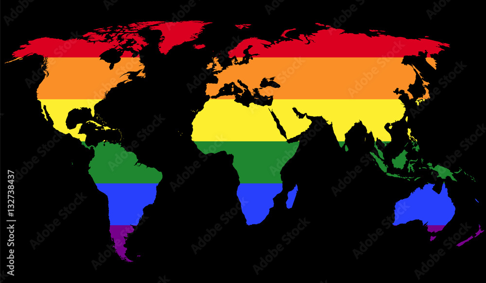Gay pride flag in the world map. LGBT movement flag, consisting of six ...