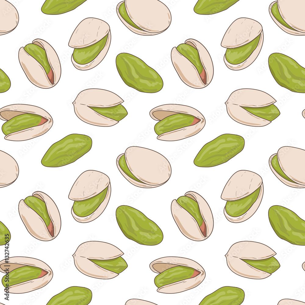 Seamless pattern with shelled and whole pistachio nuts on white ...
