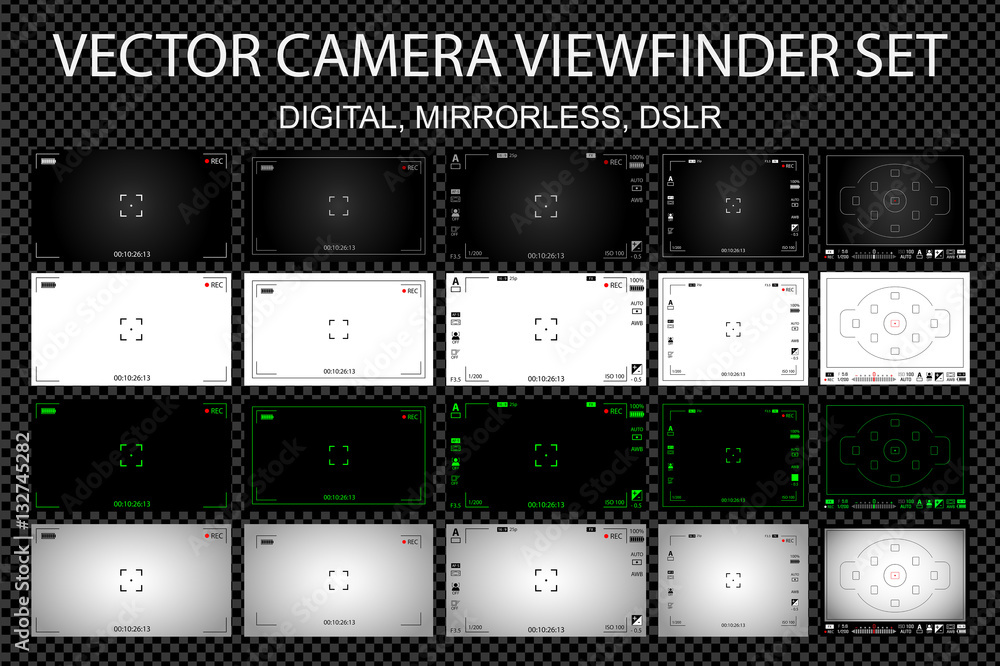 Modern camera focusing screen with settings 20 in 1 pack - digital, mirorless, DSLR. White ...