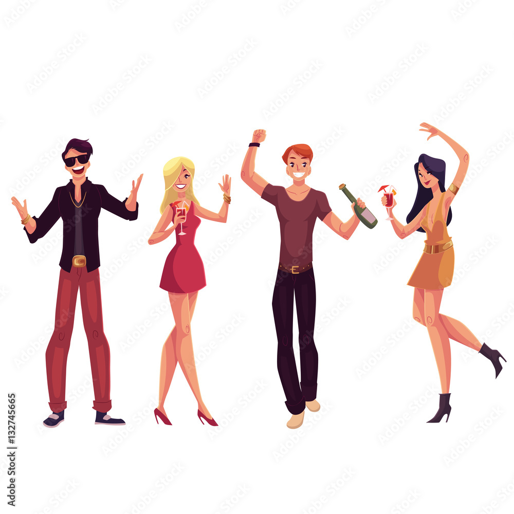 Young people dancing at a party, drinking cocktails, having fun ...