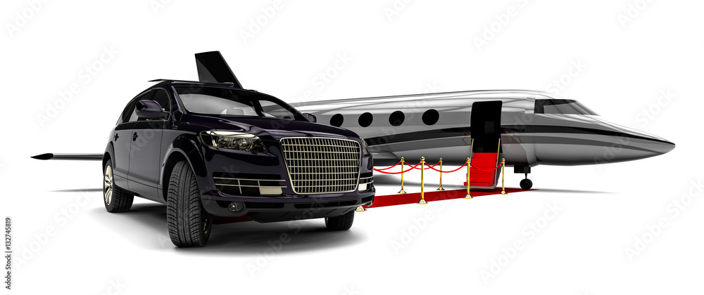 Luxury SUV with private Jet plane an red carpet / 3D render image ...