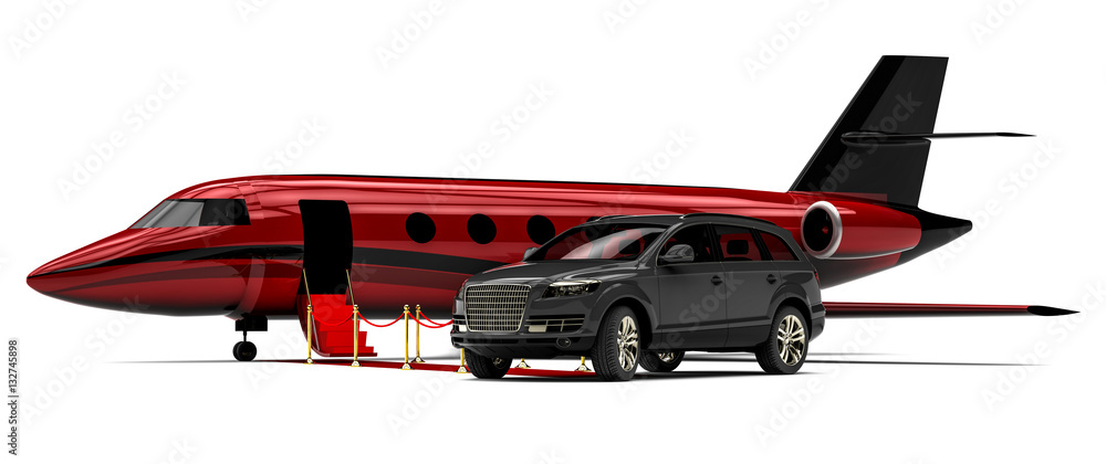 Luxury SUV with private Jet plane an red carpet / 3D render image ...