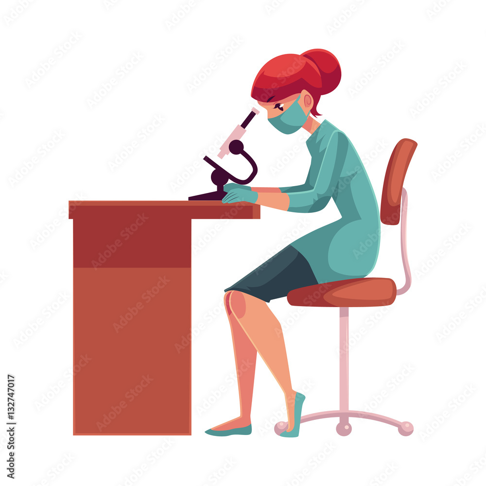 Lab, laboratory assistant, technician wearing medical mask and rubber ...