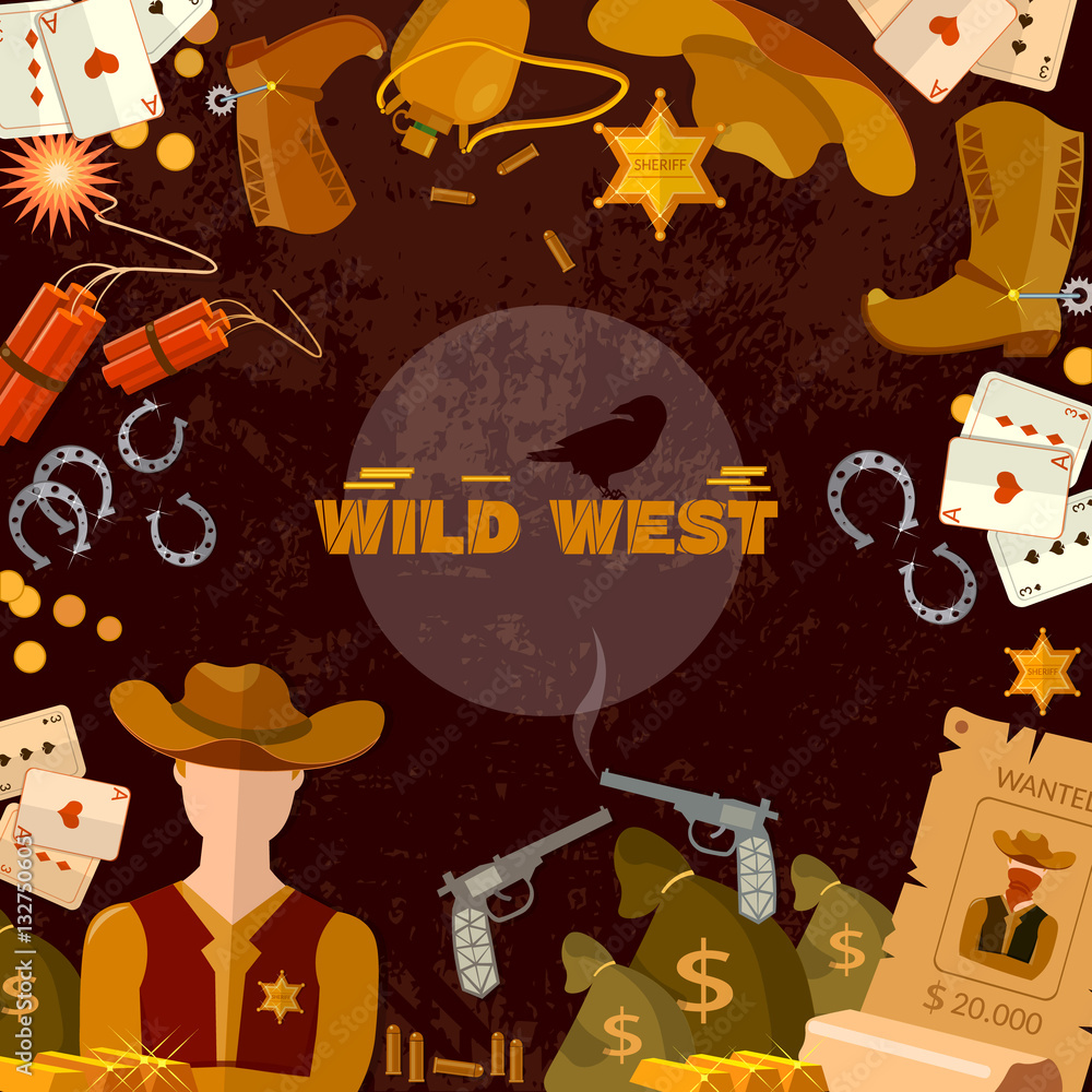 Wild West background. Cowboy, sheriff, guns, money. Western set Stock ...