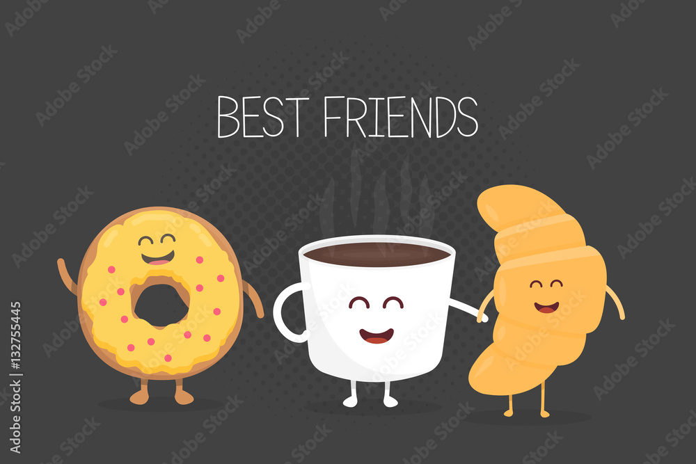 Best Friends coffee, croissant and donut character vector illustration ...