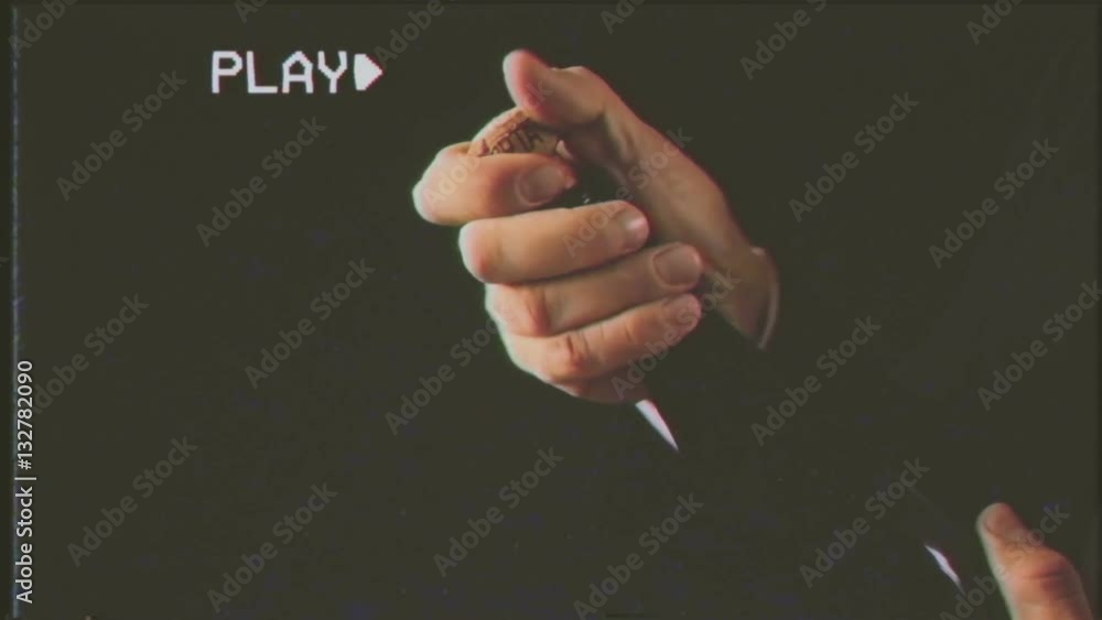 VHS retro fake shot: opening a champagne bottle, the liquid pours down ...