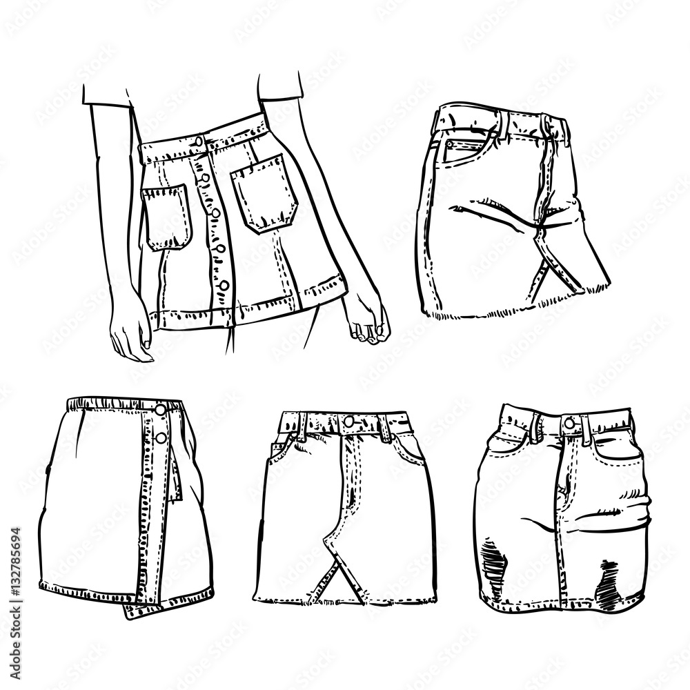 Denim skirt outline on a white background. Hand drawn Jean skirt Stock ...