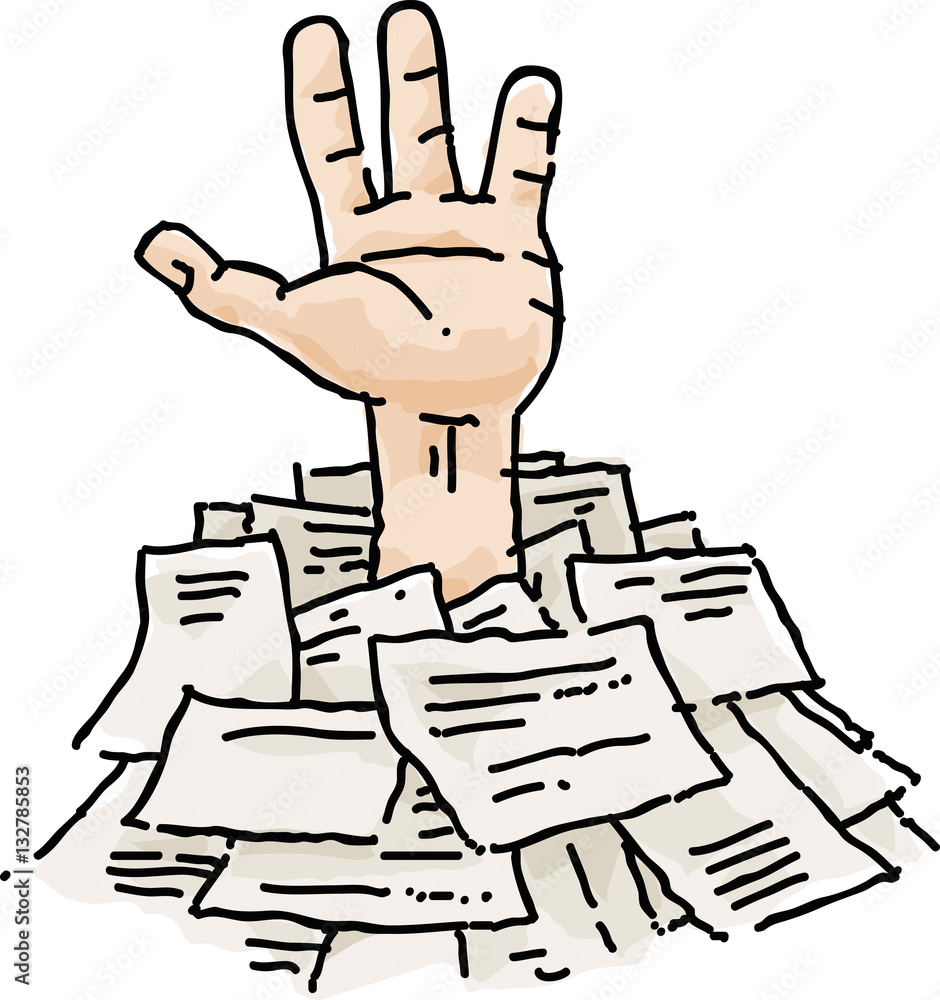 A cartoon hand reaching out and struggling under a pile of paper ...
