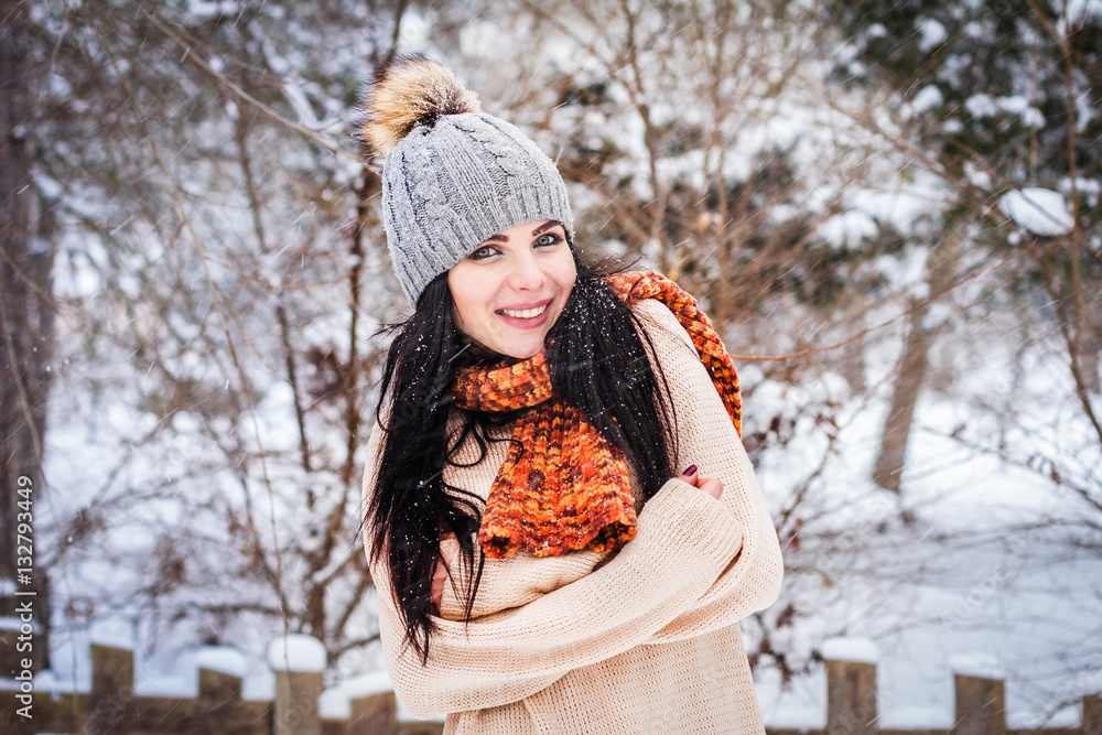 Winter. Girl in cold weather smiles on the background of snow Stock ...