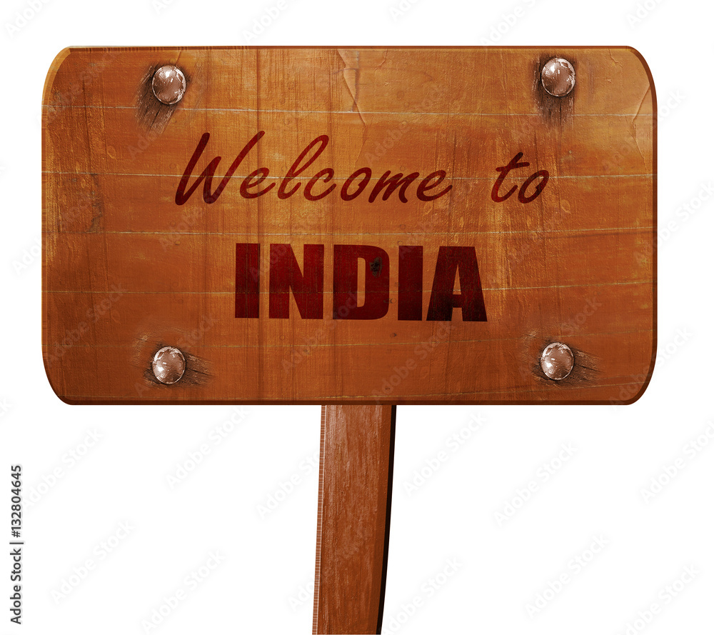 Welcome to india, 3D rendering, text on wooden sign ilustración de ...