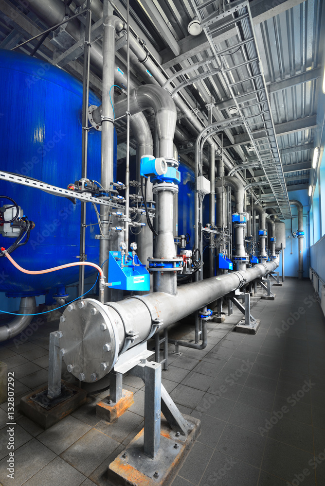 Large industrial water treatment and boiler room. Shiny pipes, p Stock ...