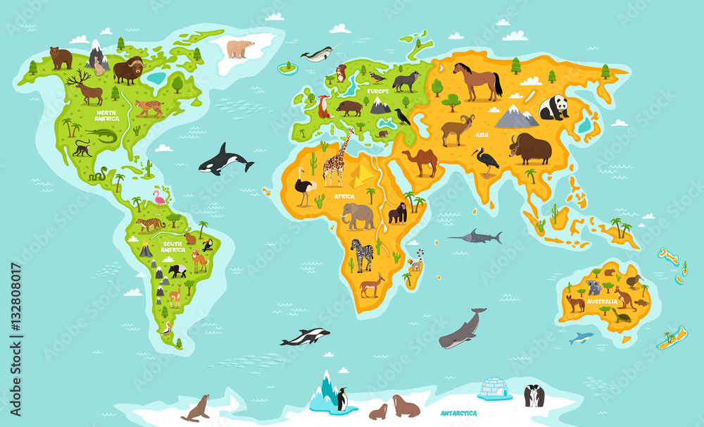 World map with wildlife animals vector illustration. Animals planet ...