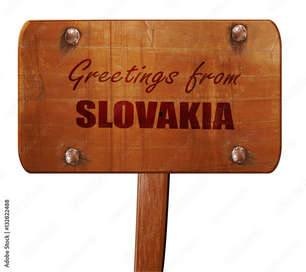 Greetings from slovakia, 3D rendering, text on wooden sign ilustración ...