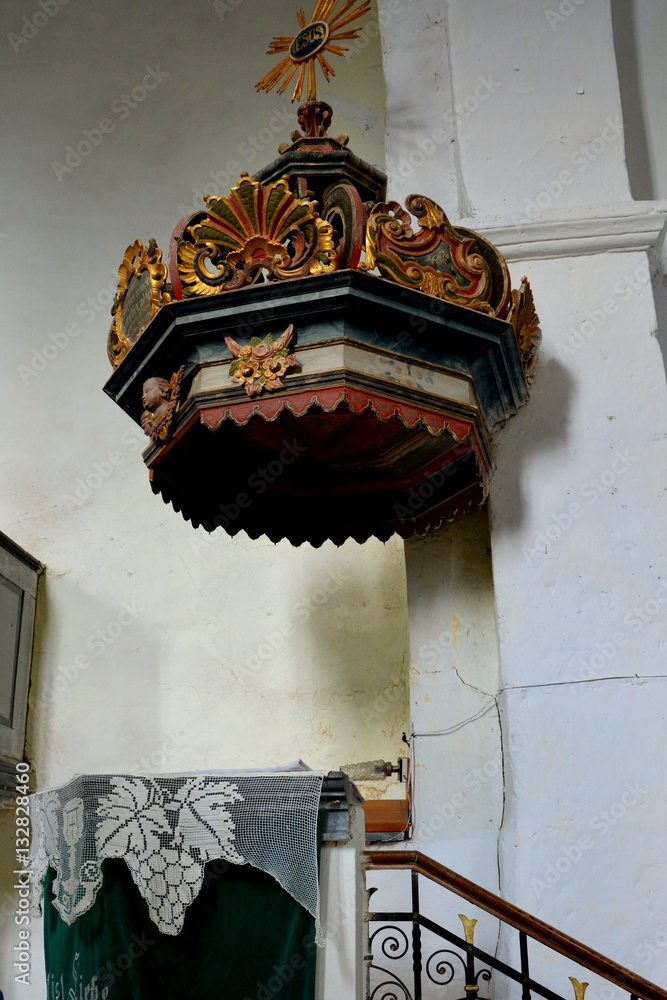 Pulpit of the fortified medieval saxon church. Ungra is a commune in ...
