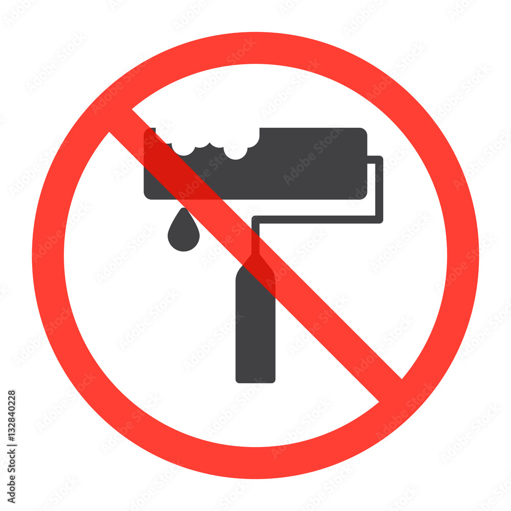 Roller brush icon in prohibition red circle, No paint ban sign ...