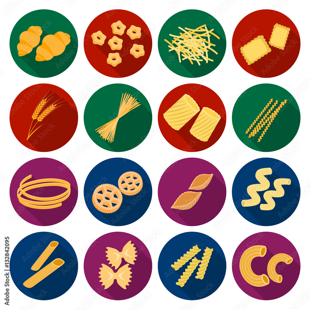Types of pasta set icons in flat style. Big collection of types of ...