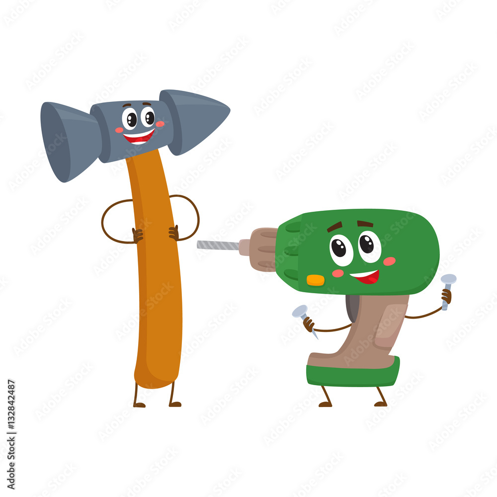 Funny metal hammer and electric drill, building, repair tool characters ...