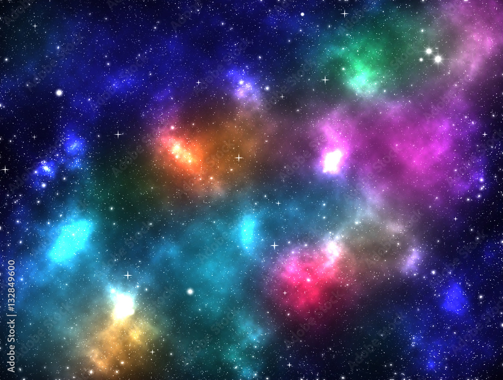 Colorful outer space galaxy nebula gas clouds bright shining stars ...