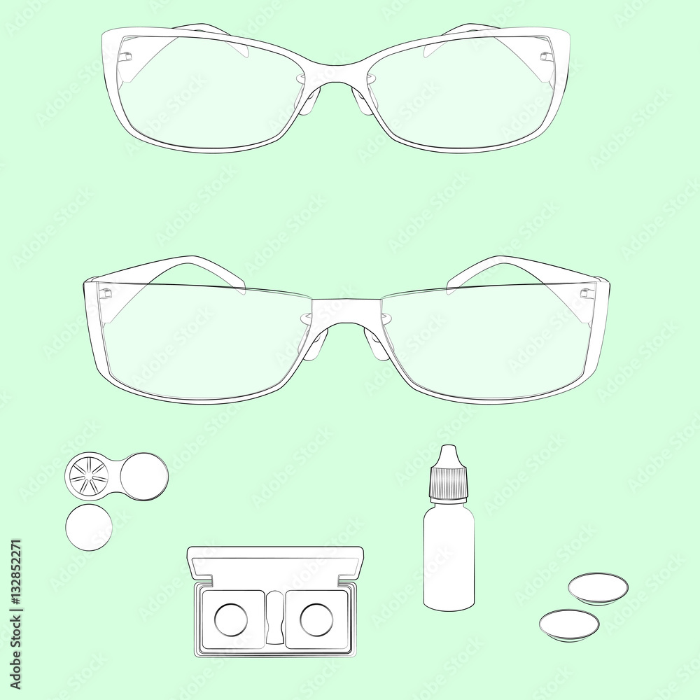 Set of glasses and lens illustrations. Light green background, white ...