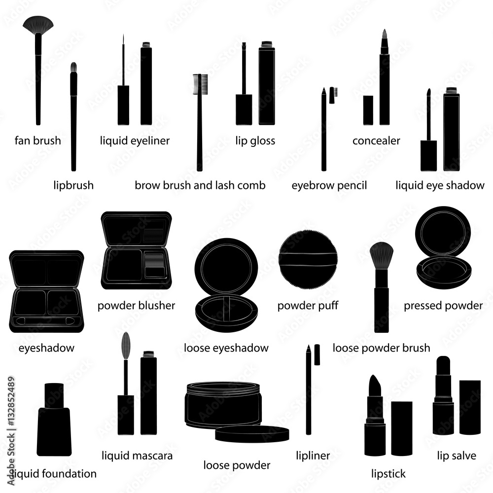 Set of make-up illustrations. White background, black objects, white ...