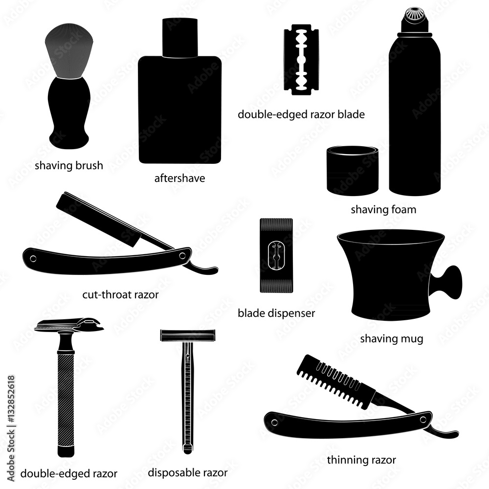 Set of shaving equipment illustrations. White background, black objects ...