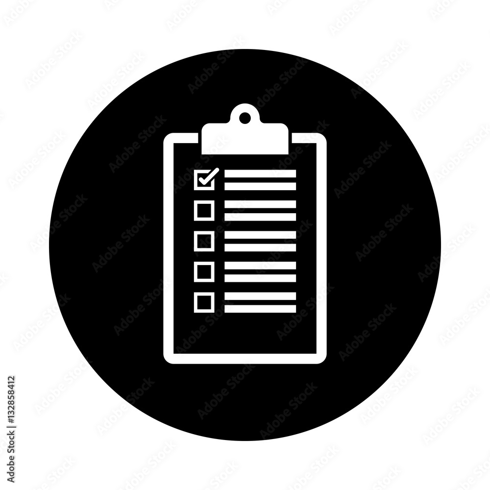 Checklist clipboard icon. Black round icon isolated on white background ...