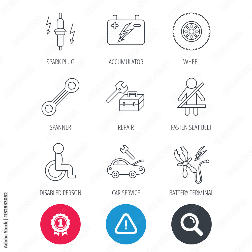 Achievement and search magnifier signs. Accumulator, spanner tool and ...